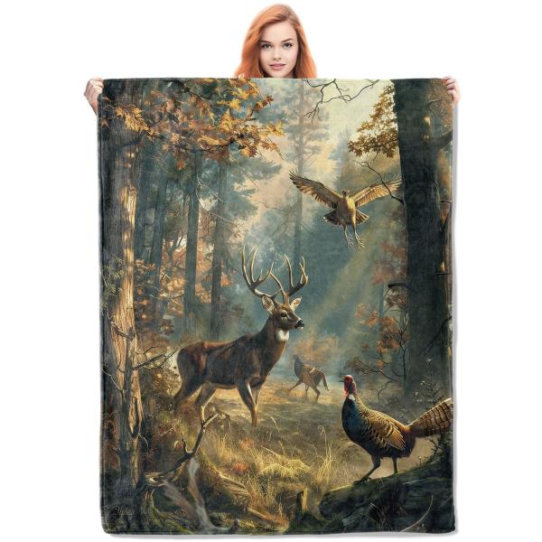 商品名: VANZEV 鹿と森の風景スローブランケットギフト、野生生物の自然プリントが入ったソフトで心地よいフリースブランケット、カウチベッド、ソファ用ブランケット、ハンターや自然愛好家に最適 60x80インチ VANZEV Deer an...