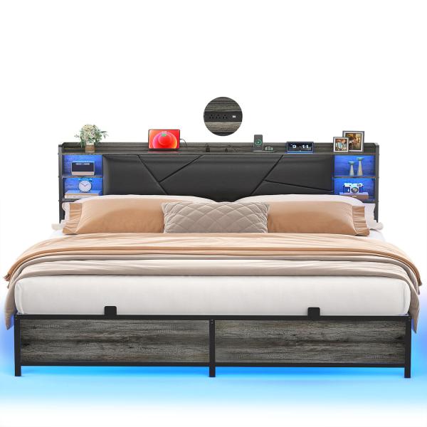 商品名:  Unikito King Size Bed Frames with Cool RGB LED Lights and Power Outlets, Sturdy Platform Bed with Storage Upholste...