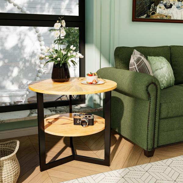 商品名:  MODERION Round Large End Table with 2 tire Storage Shelf, 25.2” Solid Wood Sofa Side Table with Black Metal Frame,...