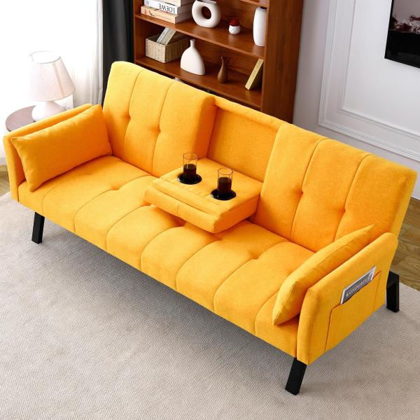 商品名:  72" Cotton-Linen Futon Couch Living Room Couch Bed Convertible Sleeper Sofa Bed with Cup Holder for Bedroom Guest ...