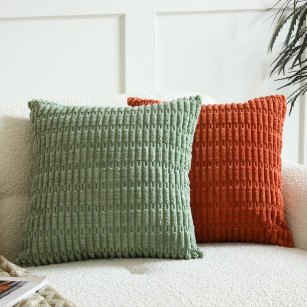 商品名: Panleding 装飾用クッションカバー 2枚セット コーデュロイボーホー ストライプ 枕カバー シンプル モダン ホームデコ ソファ リビングルーム カウチ ベッド用 18x18インチ セージグリーン &amp; ラスト Pa...