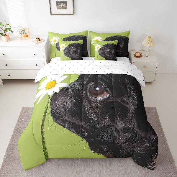商品名: Feelyou パグ 掛け布団セット クイーンサイズ - かわいい犬 7ピース ベッドインバッグセット、シーツ付きブラックドッグ寝具セット オールシーズンキルト掛け布団、フラットシート、ボックスシーツ、枕カバー、枕カバー Feel...