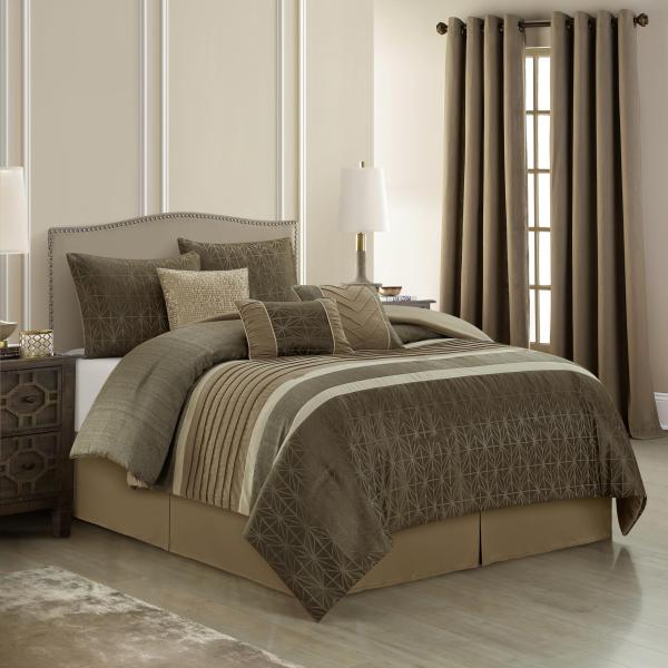 商品名:  Grand Avenue Taupe Comforter Set King Size, 9 Piece Geometric Bedding Set, Jacquard with Matching Solid Piecework,...