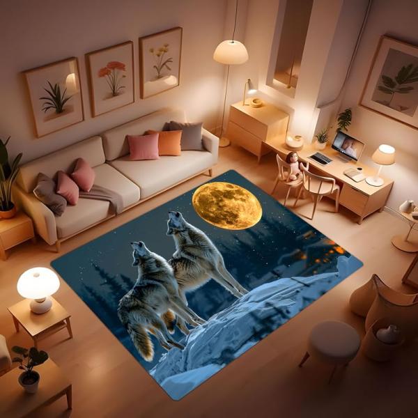 商品名:  Wolf print pattern area rug, howling wolf under the moon plush area rug, suitable for living room bedroom dining r...