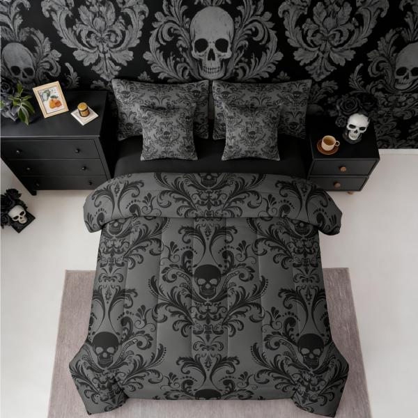 商品名: Erosebridal ゴシックダマスク掛け布団セット 7点 ベッドインバッグ ツイン、シュガースカル 寝具セット ブラック グレー ビクトリア朝の花 ゴス シーツセット 掛け布団付き Erosebridal Gothic Dam...