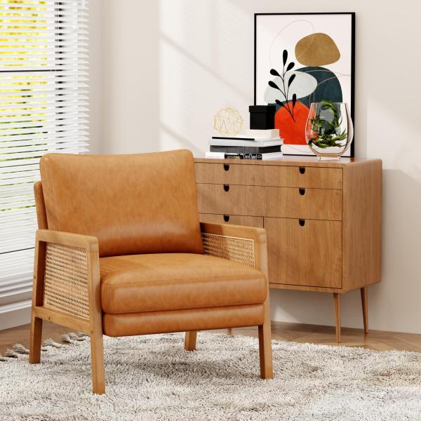 商品名: WENTMENT フェイクレザーアクセントチェア 天然ラタンアームレスト付きアームチェア 取り外し可能な背もたれ付き 布張りのリビングルームチェア 快適なシングルソファチェア 応接室/ホスティングルーム/寝室用 (ブラウン) WE...