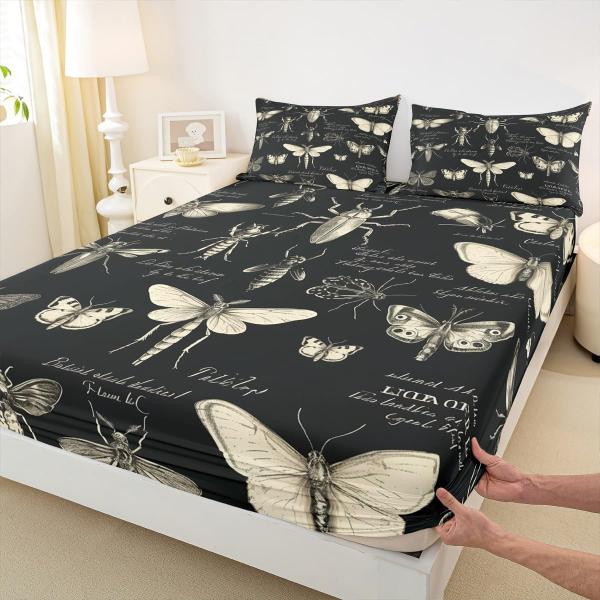 商品名: 蝶の蛾昆虫 ボックスシーツ ツインサイズ、虫の甲虫 昆虫学 ベッドシーツ 子供 男の子 ティーン 男性 寝室の装飾、自然 動物 寝具セット レトロ ブラック ブラウン ディープポケット シーツ、枕カバー 1 枚 Butterfly...