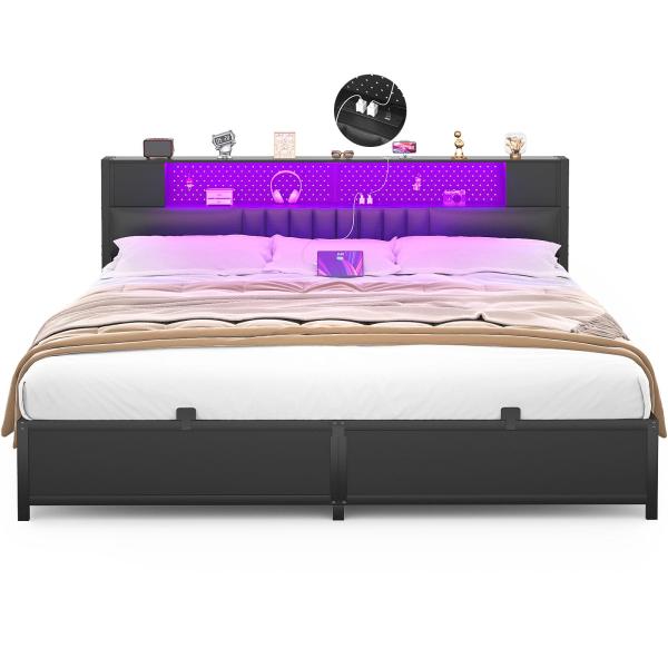商品名:  Unikito King Size Bed Frame with LED Light, King Bed with Power Outlet, Platform Bed with Upholstered Headboard an...