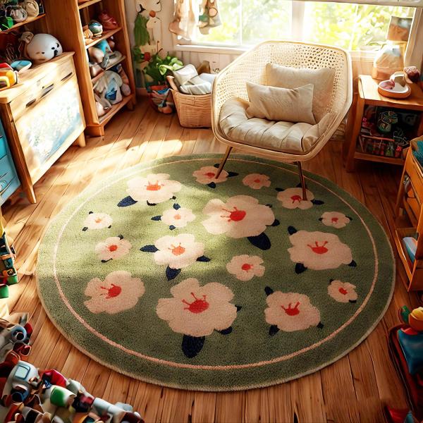 商品名:  Qmkmyy Beautiful Round Flowers Rugs 4ft for Kids Bedroom Green Floral Area Rug Low Pile Soft Carpet Washable Circl...