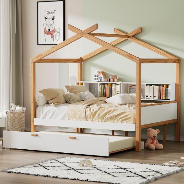 商品名:  SOFTSEA Twin Size House Bed with Trundle for Kids, Wooden Bed Frame with Bookcase for Kids Bedroom, Guest Room, No...