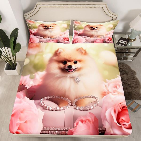 商品名: Erosebridal ポメラニアン ギフト レディース メンズ - かわいい犬 インスピレーション ボックスシーツ ポメラニアン愛好家、漫画 犬 ペット 動物 寝具セット ロマンス ローズ ピンク フラワー ベッドシーツ ツイン...