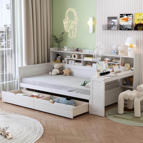 商品名:  Guxeei Twin Size Daybed, Wooden Sofa Bed Frame with 2 Storage Drawers, Storage Shelves, and Study Desk, Wood Slat ...