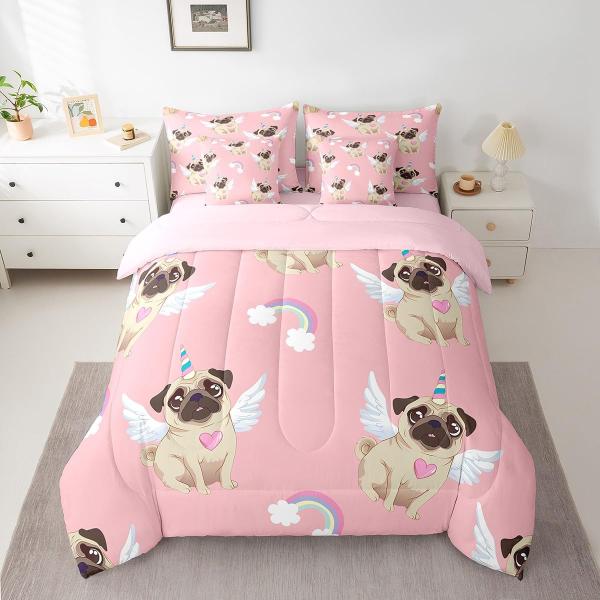 商品名: Erosebridal かわいいパグ掛け布団セット フルサイズ 7点 犬用レインボーベッド バッグ入り キッズ ガールズ 漫画 動物 子犬 寝具セット ピンク パグ ベッドシーツセット 掛け布団付き Erosebridal Cut...