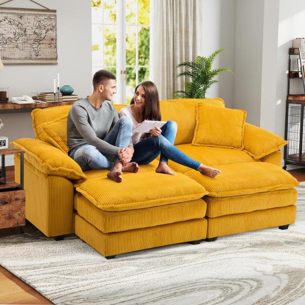商品名: モジュラー セクショナルソファ、84インチ 快適なコーデュロイ 二層布張り クラウドソファ、可動式オットマン付きラブシートスリーパーソファ、枕2個とリビングルーム用の取り外し可能なアームレスト、イエロー Modular Secti...