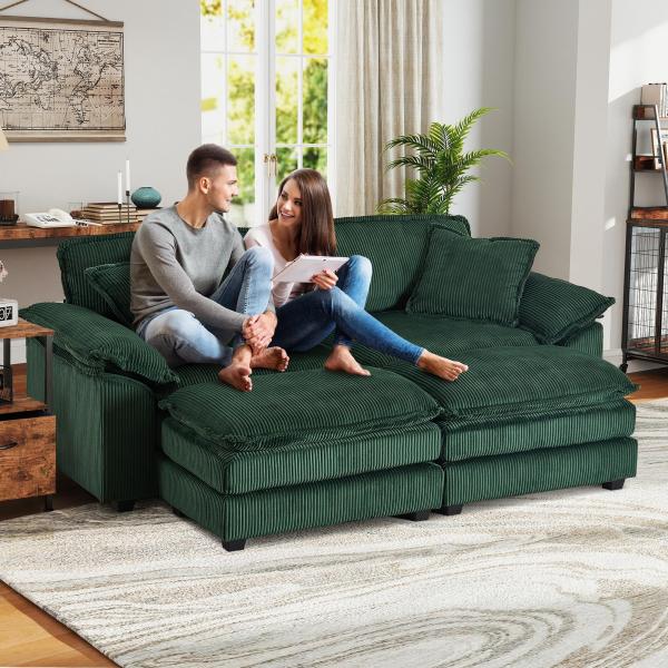 商品名: 80.5インチ モジュラー セクショナルソファ クラウドカウチ 快適なコーデュロイダブル布張りスリーパーソファ、可動式オットマン付きラブシートソファ、枕2枚と取り外し可能なアームレスト、リビングルーム用、グリーン 80.5'' M...