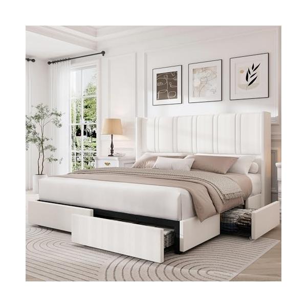 商品名:  LARMACE King Size Bed Frame with 4 Storage Drawers and Wingback Headboard Linen Upholstered Platform Bed Frame wit...