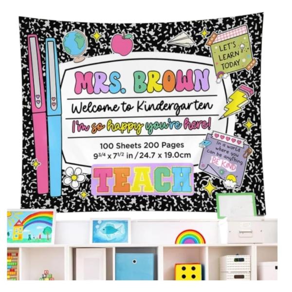 商品名:  Welcome To Classroom Tapestry, Personalized Teacher Name Tapestry, Groovy Classroom Decor, Custom Composition Note...