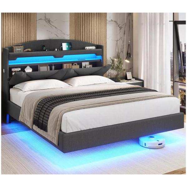 商品名:  Thaweesuk Shop New Dark Gray Queen Size Floating Bed Frame with Hidden Storage LED Lights Upholstered Platform Hea...