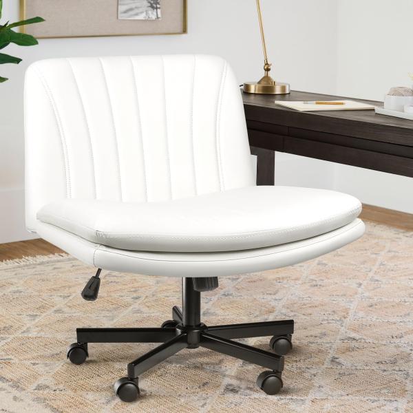 商品名: LEMBERI アームレス オフィスデスクチェア キャスター付き フェイクレザー クロスレッグ ワイドチェア ミッドバック 回転式 コンピュータタスクチェア ホームオフィス用 メイクアップ 小さなスペース 寝室 ホワイト LEMB...