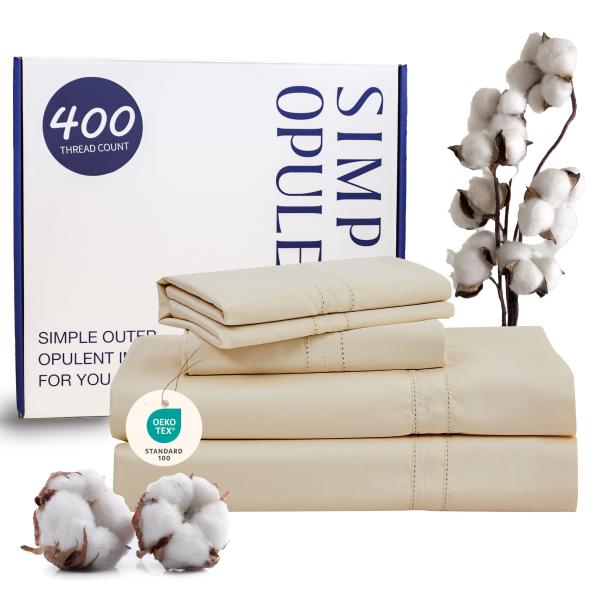 商品名: Simple&amp;Opulence エジプト綿100% スレッドカウント400 キングシーツ-4ピース ロングステープルピュアソフトサテン織りセット-40.64cm ディープポケット 冷却豪華なベッドシーツ ダブルヘムステッチ...