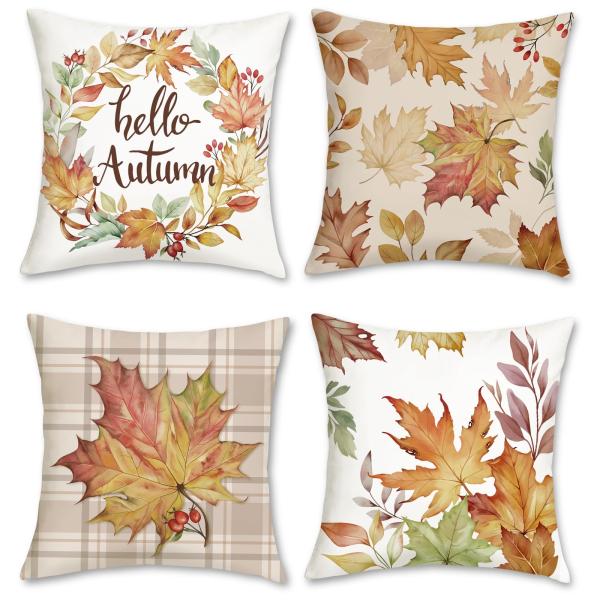 商品名:  Bonhause Hello Autumn Throw Pillow Covers 18 x 18 Inch Fall Leaves Wreath Plaid Soft Velvet Decorative Pillow Case...