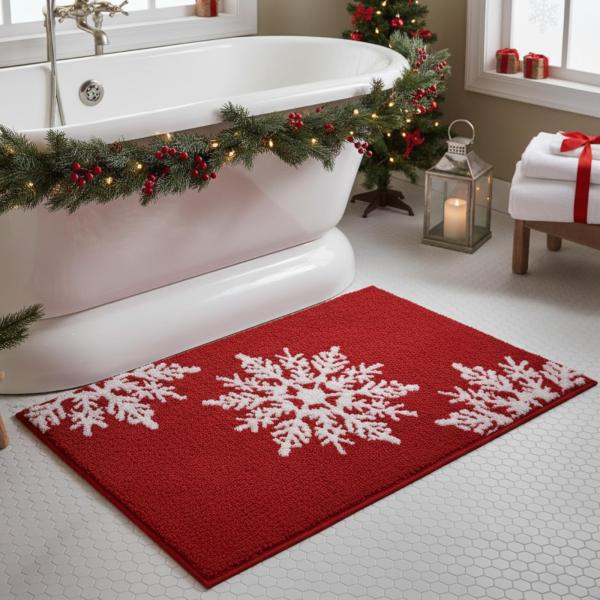 商品名: Tinideya クリスマス バスルームラグ 20 x 32インチ 吸収性バスマット クリスマス スノーフレーク ノンスリップ ラグ 赤と白 バスルーム装飾 バスシャワー ラグ クリスマス バスマット ホリデーデコレーション用 (...