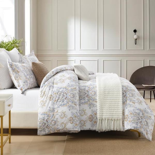 商品名: Finlonte クイーン掛け布団セット - ダマスク織クイーンサイズ掛け布団、コットンキルトビンテージペイズリー花柄ベッドセット、ふわふわクラウドソフト寝具、掛け布団1枚(90インチx90インチ)、枕カバー2枚(20インチx26...