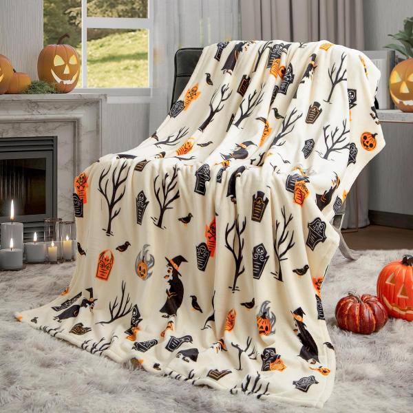 商品名: お化けハロウィーンブランケット 50インチ x 70インチ リバーシブル ゴーストウィッチハットプリント フリーススローブランケット、320GSM Surper ソフトで暖か 快適 秋用ブランケット ソファ、ハロウィーンの収穫ギフ...