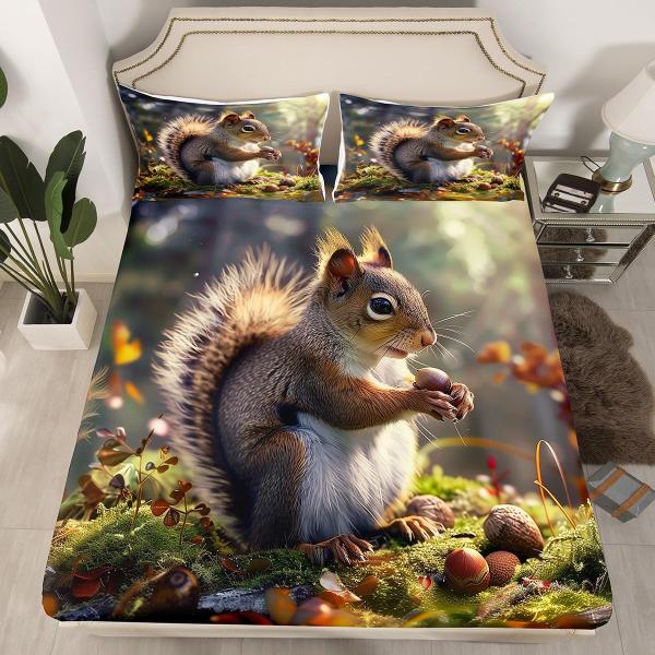 商品名: かわいいリスの寝具セット ツインサイズ、3D 野生動物 ボックスシーツ 2枚 子供 女の子 男の子 ティーン 寝室の装飾、自然 ジャングル ツリー ビュー ベッドシーツ ライトブラウン グリーン ディープポケット シーツ、枕カバー...