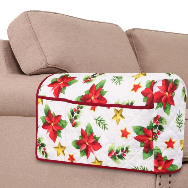 商品名: H.VERSAILTEX クリスマス カウチアームカバー 防水 アームレストカバー ソファリモコンホルダー ソファアームレストオーガナイザー 雑誌、タブレット、携帯電話、iPad用 (2個セット、レッドポインセチア/ベージュ) H...