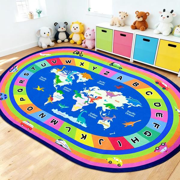 商品名: Lacomfy キッズラグ 4x6フィート ABC レインボー ロード カーペット 男の子 女の子 寝室 プレイルーム 恐竜 教室 プレイマット アルファベット 学習 教育テーマ 世界地図 車 道路 トラック 子供用エリアラグ L...