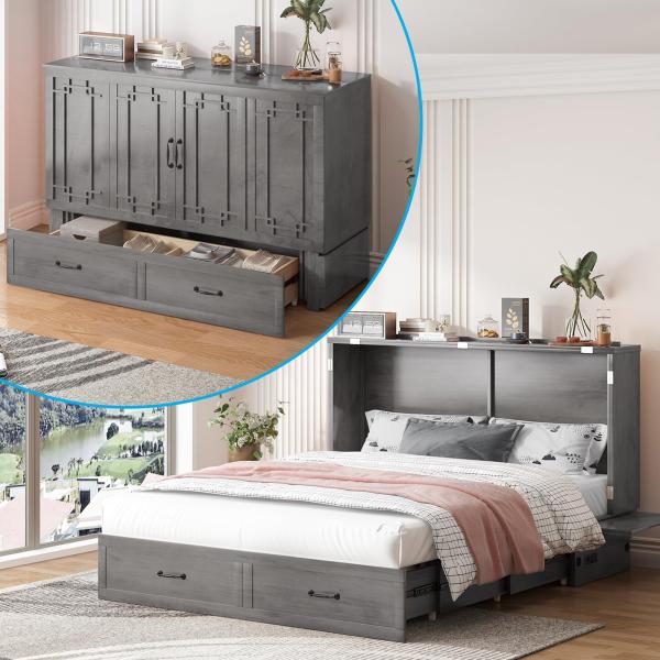 商品名:  ADOWORE Queen Murphy Bed with Desk,Cabinet Bed with Tri-Folding Mattress &amp; Storage Drawers,Solid Wood Modern F...