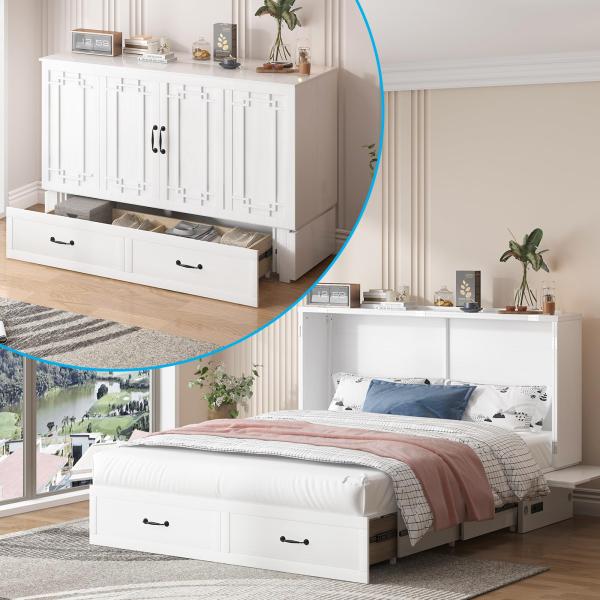 商品名:  ADOWORE Queen Murphy Bed with Desk,Cabinet Bed with Tri-Folding Mattress &amp; Storage Drawers,Solid Wood Modern F...