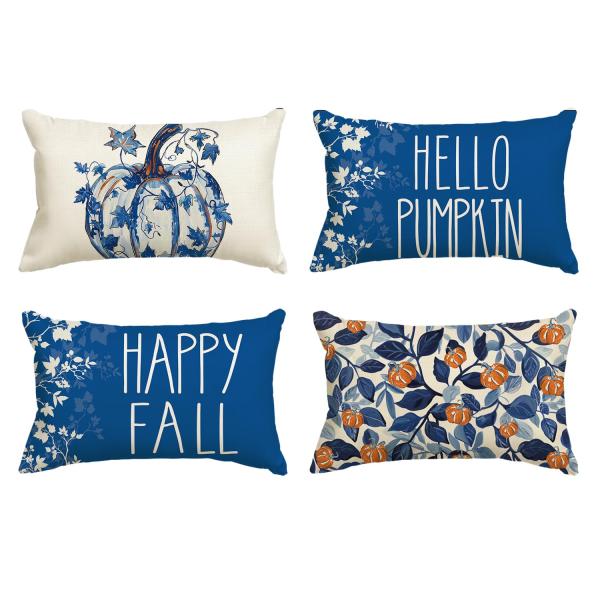 商品名: AVOIN colorlife Happy Fall Hello Pumpkin シノワズリー スローピローカバー、12 x 20インチ 青と白の磁器カラー 秋 感謝祭 収穫装飾 ソファ カウチ用 4枚セット AVOIN colo...