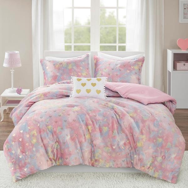 商品名:  Intelligent Design Queen Comforter Set, 4 Piece Metallic Hearts Bedroom Set for Girls, Queen Bed Set Soft Plush Co...