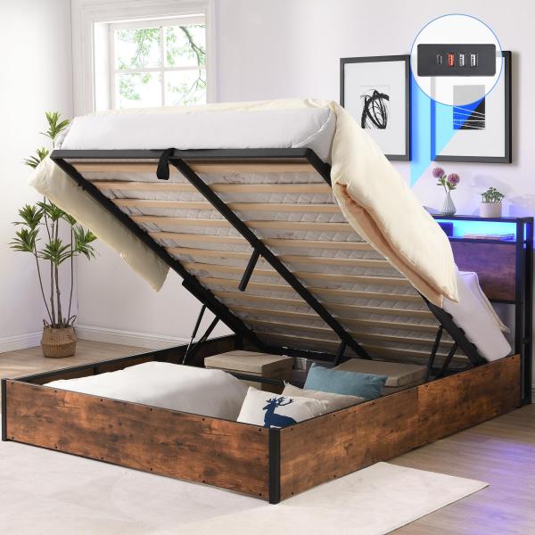 商品名:  Queen Size Lift-up Storage Bed Frame with Bookcase Headboard &amp; LED Lights, Industrial Hydraulic System Smart P...