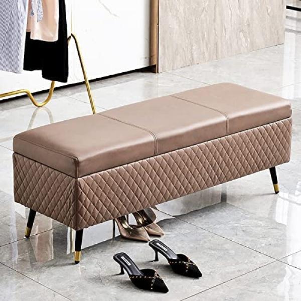 商品名:  Premium Leather Storage Bench for Bedroom Entryway - Modern Upholstered End of Bed Bench - Brown Storage Bench wit...