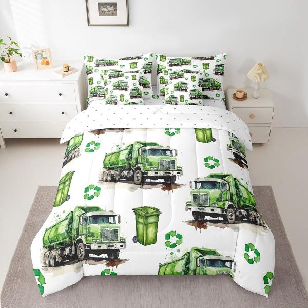 商品名: Feelyou ごみ収集車 ベッドセット グリーン 車 寝具セット 7ピース 子供 男の子 女の子 ティーン 動力廃棄物管理 リサイクル 掛け布団セット クイーンサイズ 水彩 ベッド バッグ Feelyou Garbage Tru...
