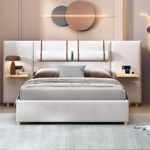 商品名:  AMNOOI Queen Size Upholstered Platform Bed Frame with Built-in Power Outlets, USB Charging Ports, Bedside Pillows ...