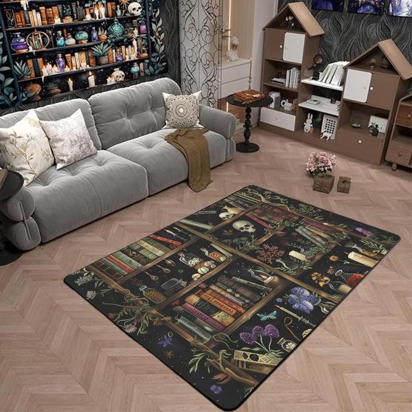 商品名:  Rustic Botanical Flowers Area Rug,Vintage Halloween Bookcase Magic Book Living Room Rugs,Gothic Skull Vase Country...