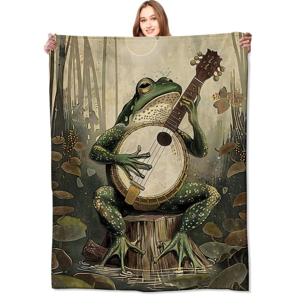 商品名: VODRM バンジョープレイフロッグブランケット 風変わりな森のスローブランケット ミュージカルアニマル&amp;月明かりに照らされた沼地、子供、大人への誕生日プレゼント、軽量ソフトフリース、ソファ、ソファ、ベッドルームの装飾用 ...