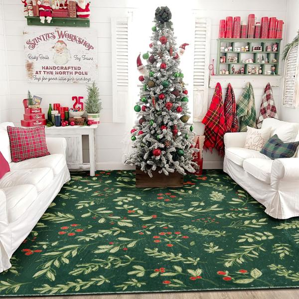 商品名:  Washable Vintage Floral Christmas 4x6 Area Rugs Non Slip - Low Pile Soft Xmas Tree Red Berries Holly Branches Fest...