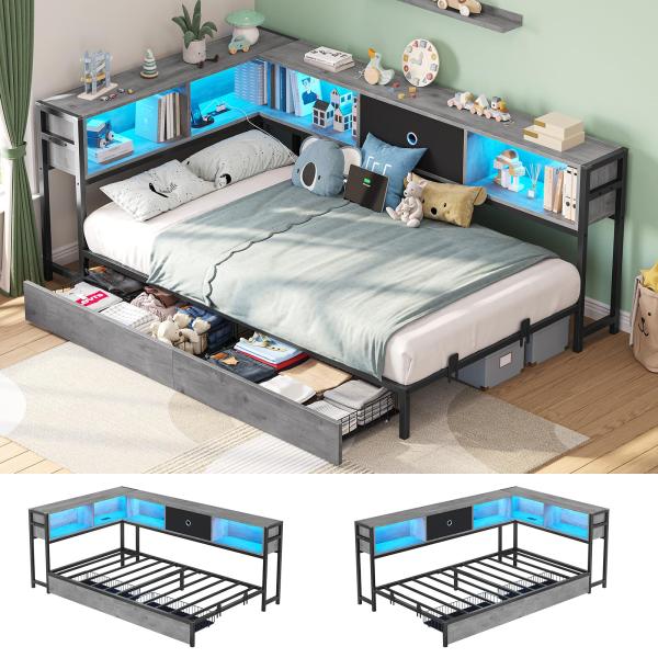 商品名:  Hasuit Twin Corner Bed Frame with Storage Drawers and Bookcase Headboard, Twin Size Metal Platform Corner Bed Fram...