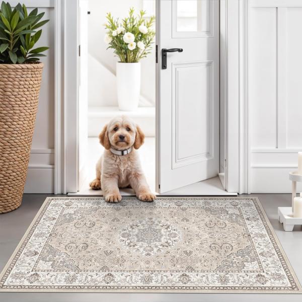 商品名:  Washable 2x3 Entryway Area Rug - Neutral Kitchen Rug Runner Vintage Soft Floor Mat Non Slip Indoor Farmhouse Carpe...