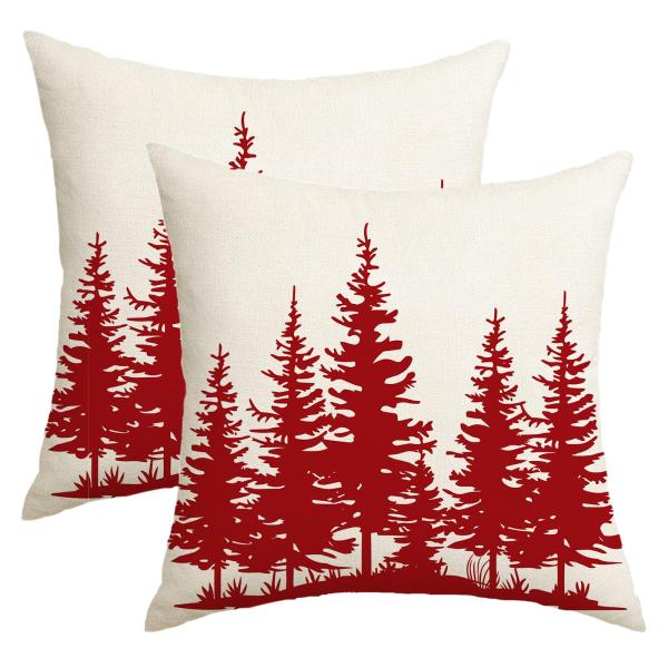 商品名: 冬のクリスマスツリー枕カバー 18x18 2枚セット レッド 水彩 自然 木 森 スローピローカバー 屋外 素朴 装飾枕カバー ファームハウス リネン クッションカバー ソファベッド用 Winter Christmas Tree ...