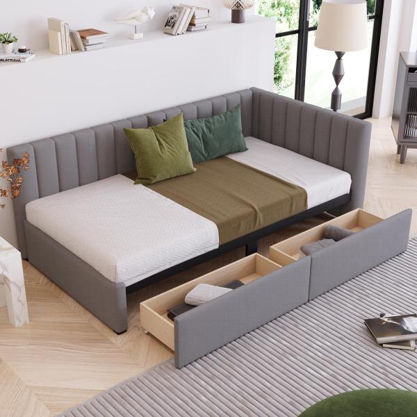 商品名: Harper &amp; Bright Designs ツインサイズ 布張り デイベッド 収納引き出し付き、木製長椅子、木製スラット、リネンファブリックソファベッドフレーム リビングルーム/寝室用 (グレー) Harper &am...