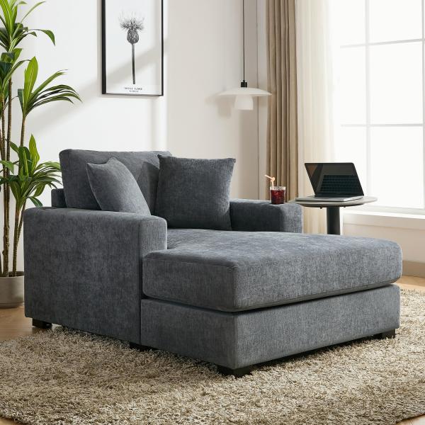 商品名:  43.5" Oversized Chaise Lounger Modern Style Sofa Couch,with Pillows, Charge Station &amp; Cup Holders, Chenille Fa...