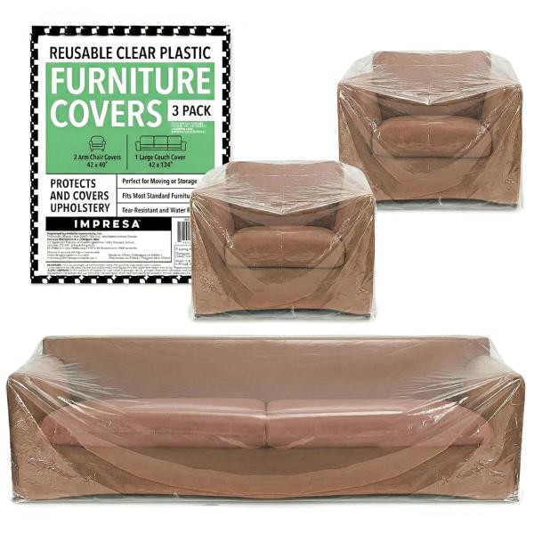 商品名: IMPRESA バラエティ 家具カバー 3枚パック クリアプラスチックカウチカバー1枚とアームチェアカバー2枚 再利用可能で軽量なソファプロテクター 引っ越し/収納/季節使用に 厚さ2ミル IMPRESA 3 Pack Furni...