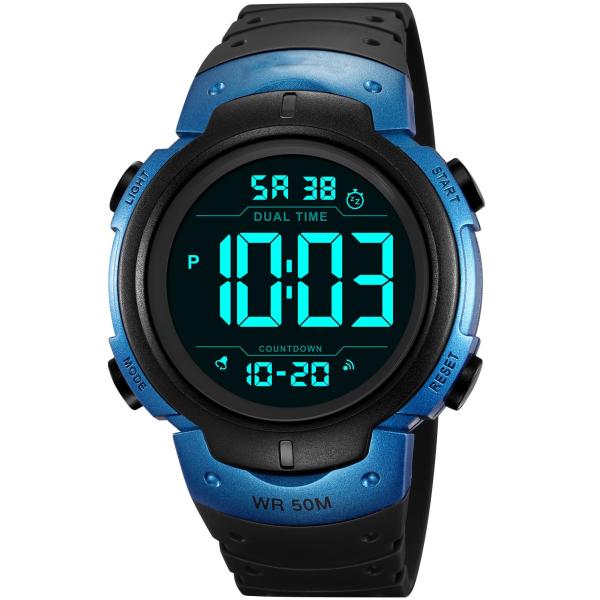 商品名: PASOY メンズ シンプル アウトドア スポーツ デジタル 腕時計 見やすい 大きな文字盤 耐衝撃 発光 水泳 防水 ゴムバンド アラーム ストップウォッチ クロノグラフ ブラック 腕時計, ブラック-ブルー, スポーツ。 PA...
