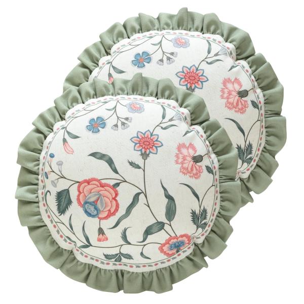 商品名: ISAENNE デザイン ラウンド レトロ エレガンス リネン スロー 枕カバー 直径 40.6 cm 2 枚パック、グリーン ピンク 花柄 クッションカバー ベッド、リビングルーム、アウトドア、車用の装飾枕カバー ISAENNE...